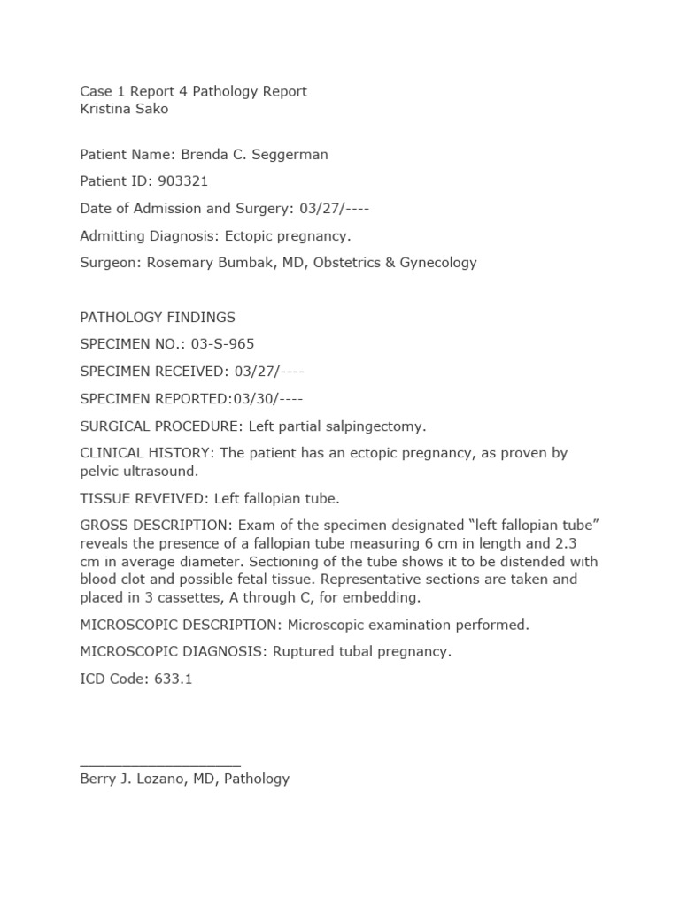 Ectopic Pregnancy Pathology Report | PDF