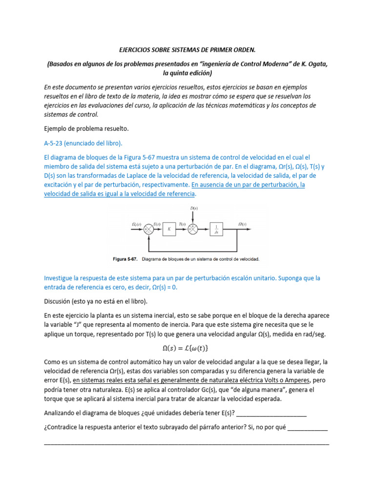 Ejercicios primer orden tomados de K Ogata (trabajo autonomo) | PDF