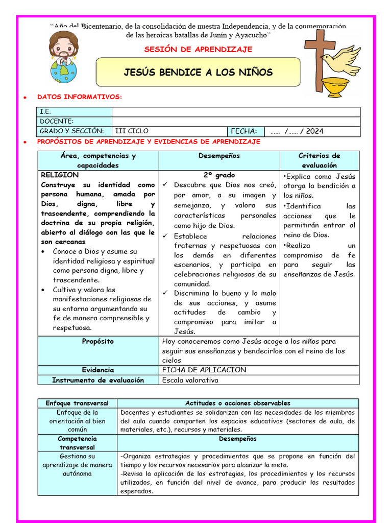 2º U1 s1 Sesion d2 Religion Jesus Bendice A Los Niños | PDF