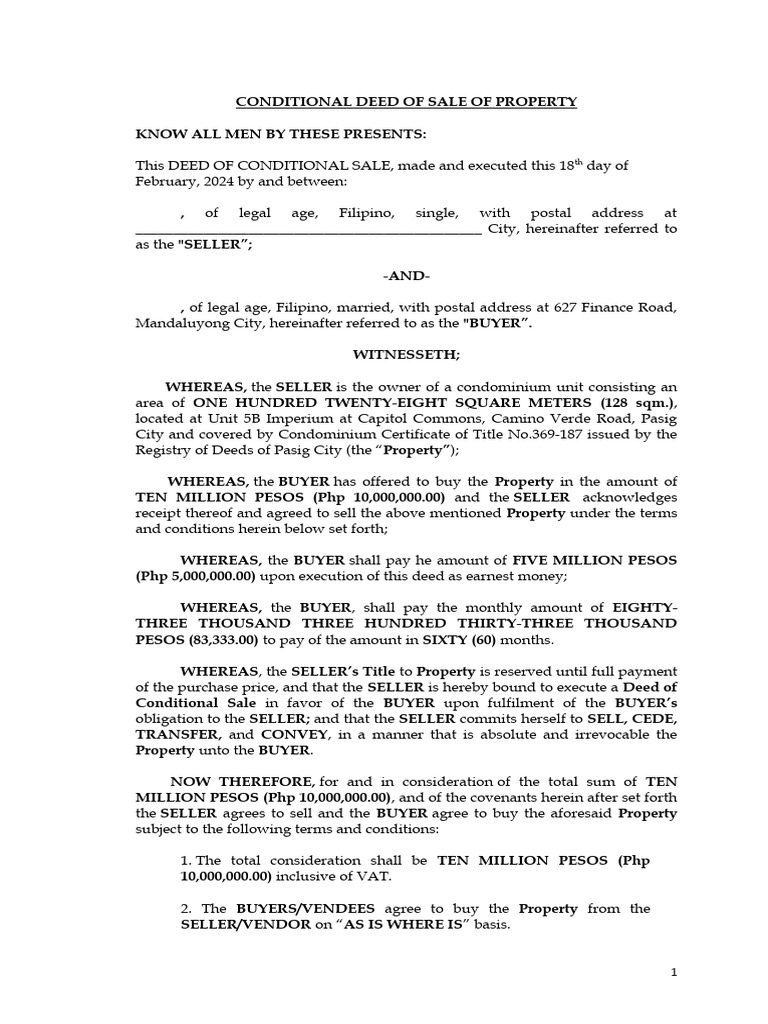 Deed of Conditional Sale | PDF | Taxes | Procurement