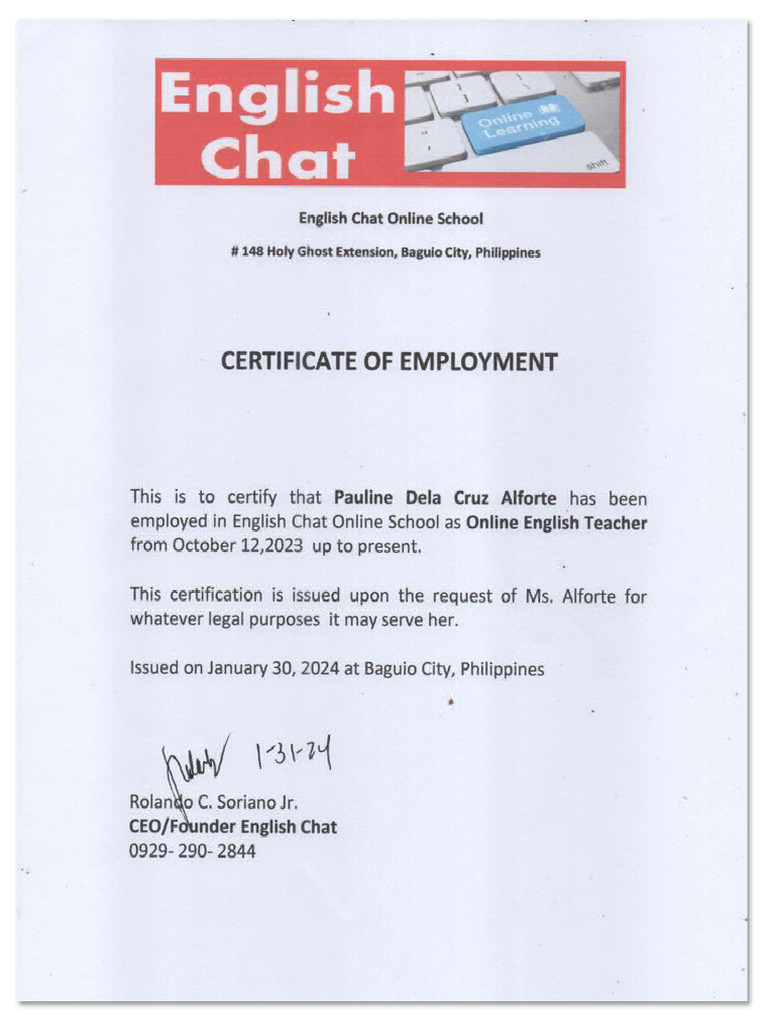 Certificate of Employment - English Chat Company | PDF