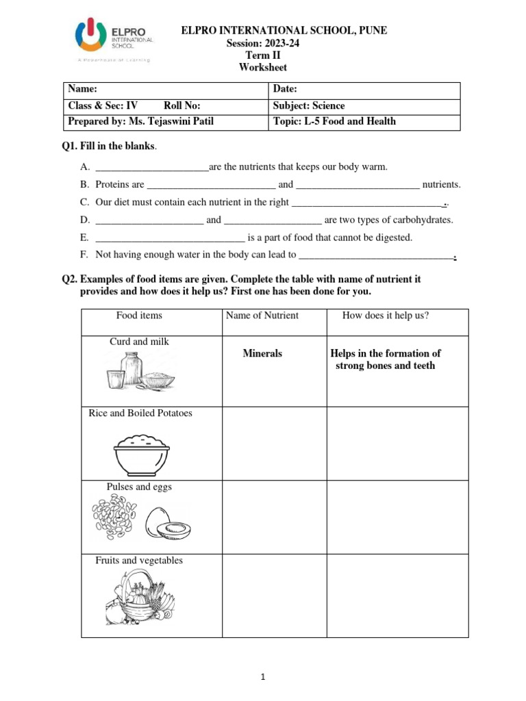 Food and Health Worksheet for Grade IV | PDF | Foods | Nutrition