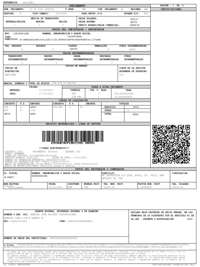 Pedimento 1 | PDF | Bancario | Pagos