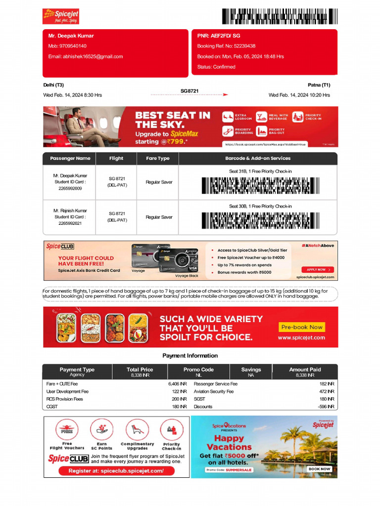 SpiceJet - E-Ticket - PNR - AEF2FD 14 Feb 2024 Delhi-Patna For MR ...