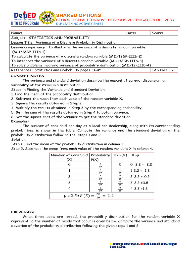 LAS 07 Variance of A Discrete Random Variable (Steps 1 and 2) | PDF