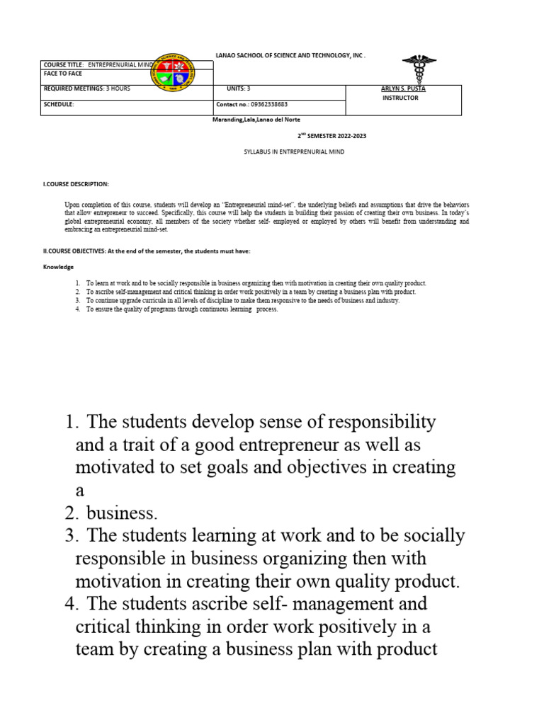 Entrep Course Outline Edited | PDF | Entrepreneurship | Marketing