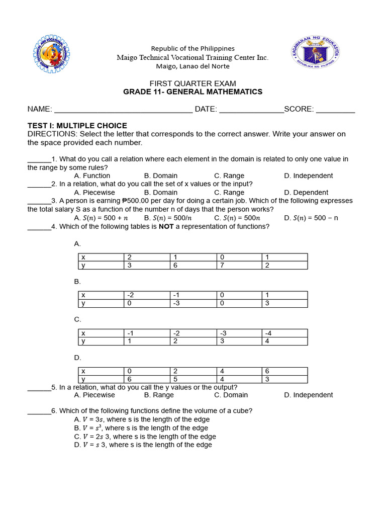 Gen. Math - Quarter 1 Exam | PDF