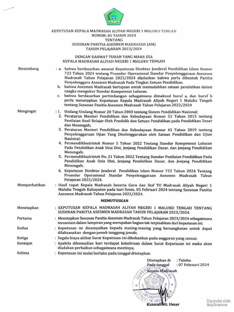 Susunan Panitia Asesmen Madrasah Tapel 2023 - 2024 | PDF