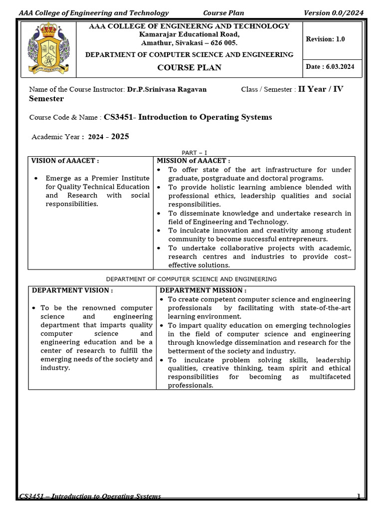 CS3451 Course Plan | PDF | Process (Computing) | Operating System
