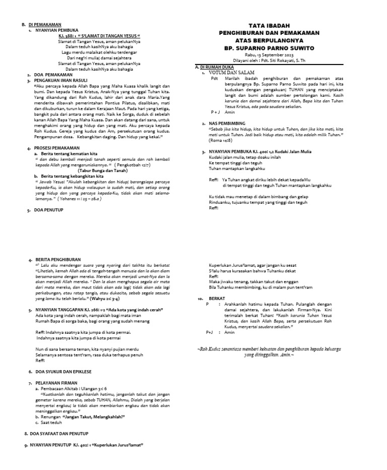 Tata Ibadah Penghiburan Dan Pemakaman Bp. Suparno | PDF