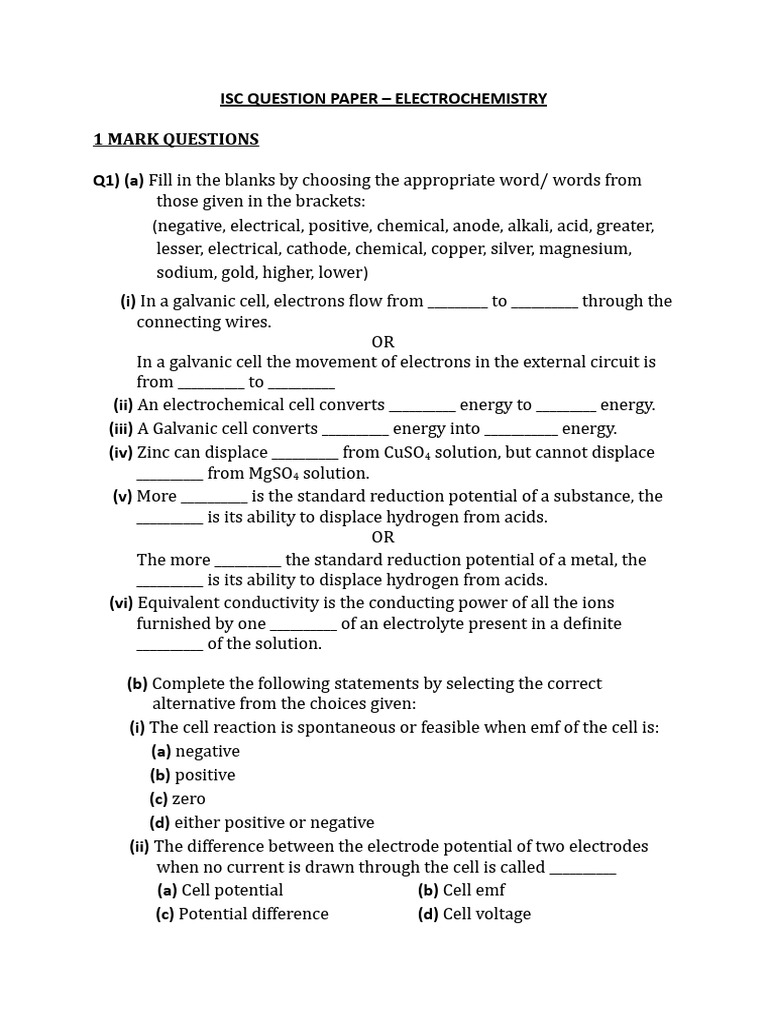 ISC Electrochemistry Question Paper | PDF | Electrochemistry | Redox