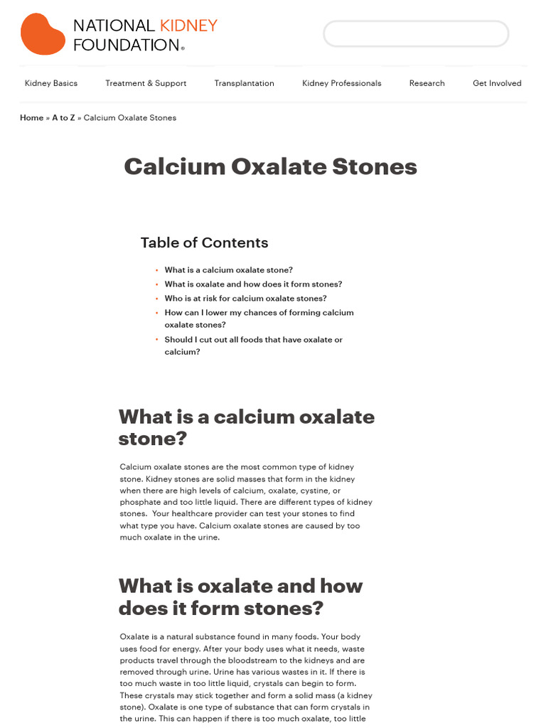Calcium Oxalate Stone - Causes, Prevention, Treatment - National Kidney Foundation | Download ...