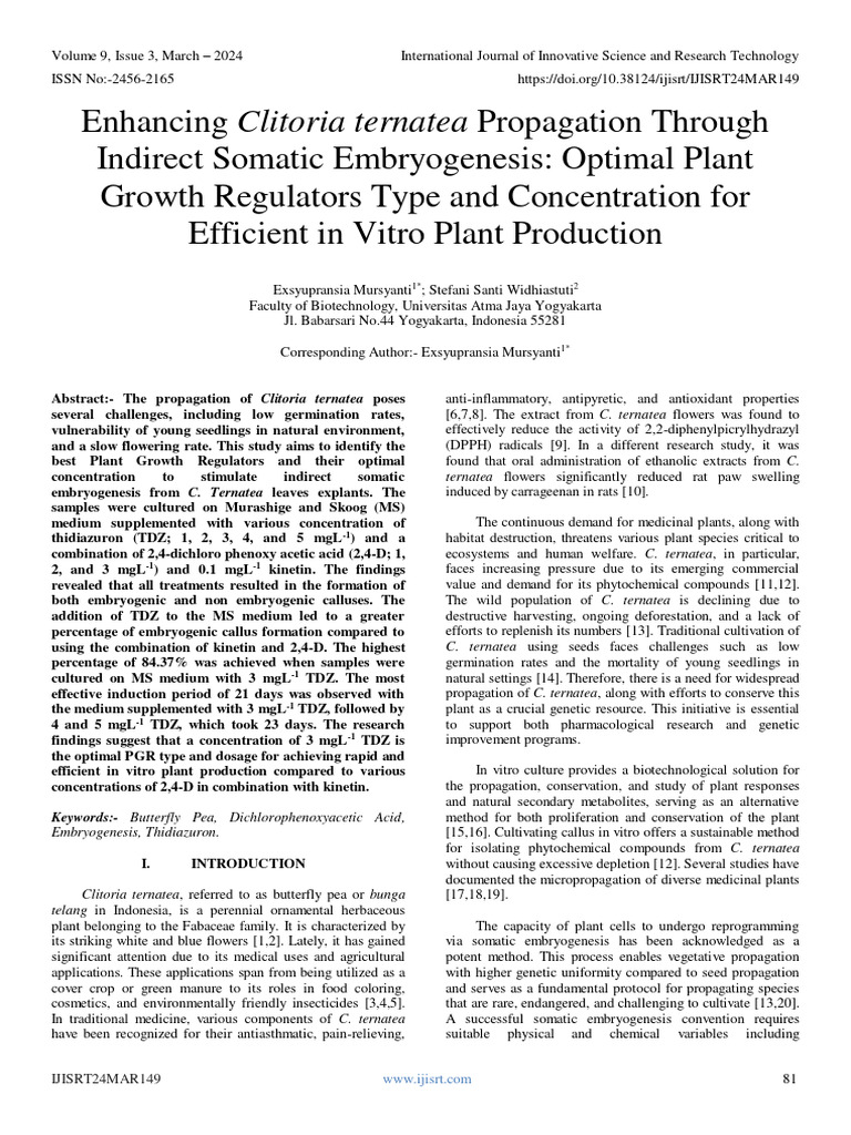 Enhancing Clitoria Ternatea Propagation Through Indirect Somatic Embryogenesis: Optimal Plant ...