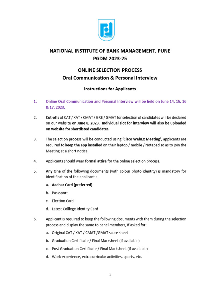 NIBM PGDM 2023-25 Interview Guidelines | PDF | Postgraduate Education | Qualifications