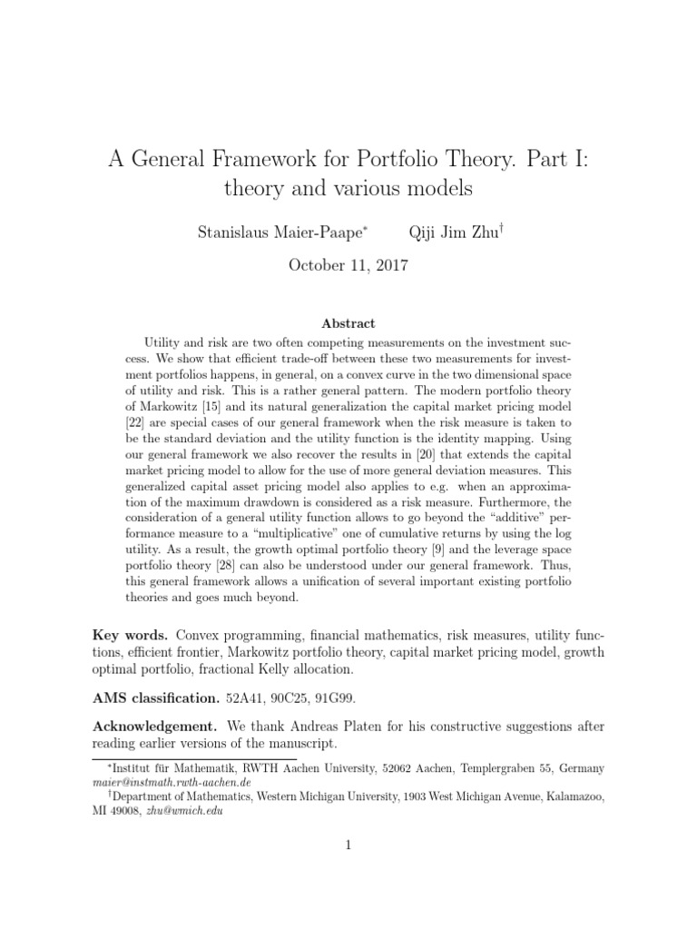 A General Framework For Portfolio Theory Part I Th Pdf Modern Portfolio Theory Financial Risk