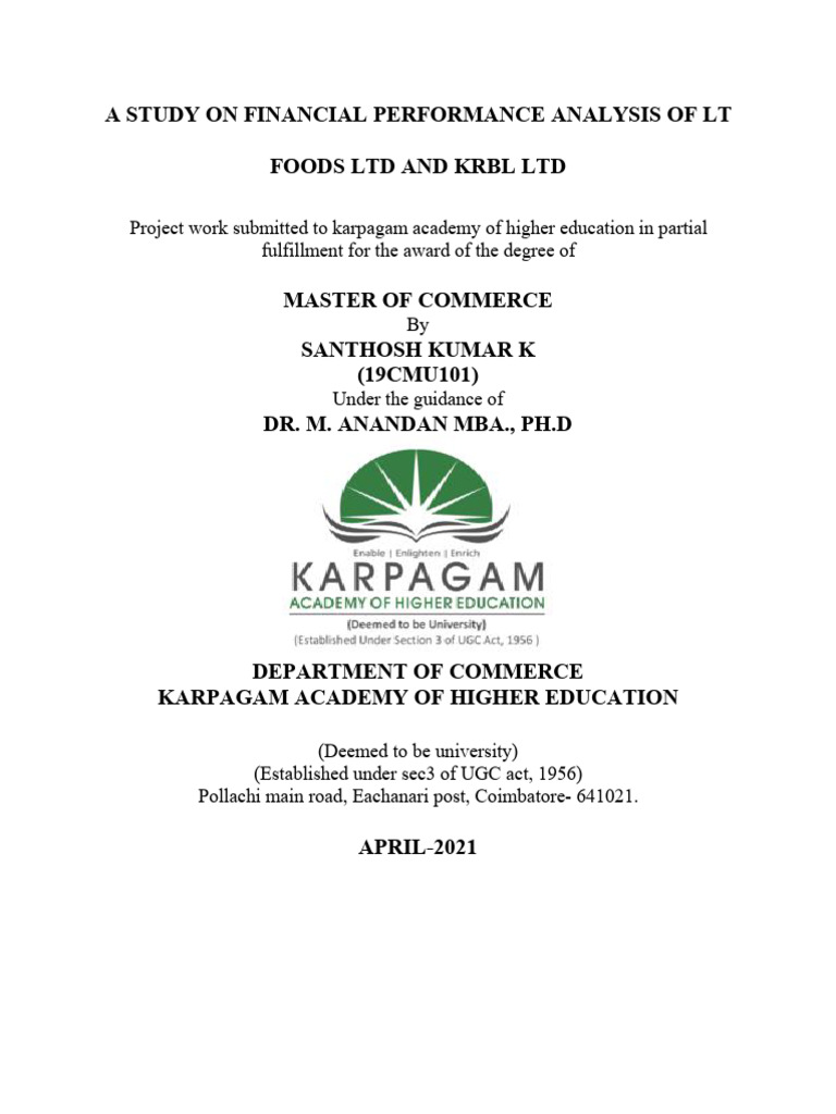 A Study On Financial Performance Analysis of LT Food LTD and KRBL LTD | PDF