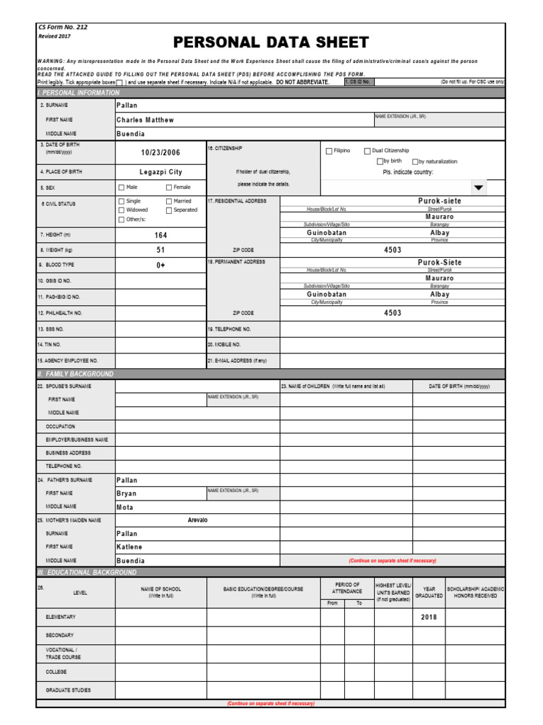Personal Data Sheet Template | PDF | Government