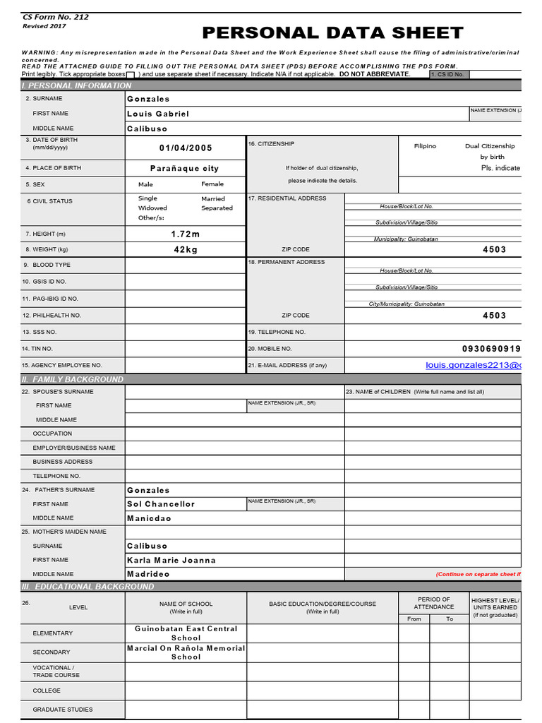Personal Data Sheet 2017 Revised Blank Form | PDF