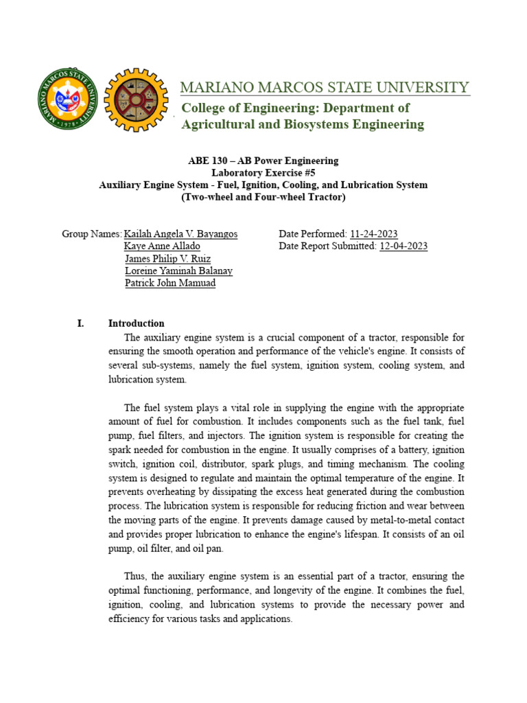 Abe 130 Laboratory Exercise 5 | PDF | Tractor | Engines Abe 130 Laboratory Exercise 5 | PDF | Tractor | Engines