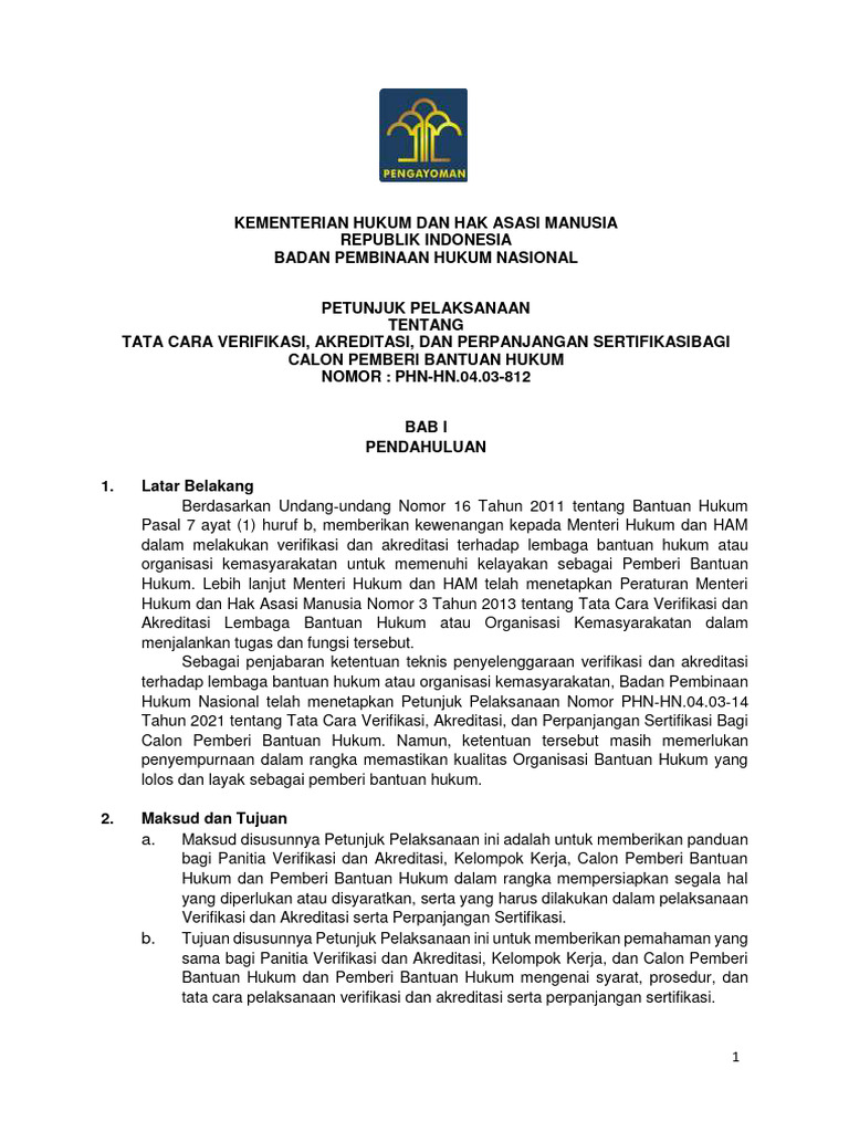 Petunjuk Pelaksanaan Tata Cara Verifikasi, Akreditasi, Dan Perpanjangan Sertifikasi Bagi Calon ...