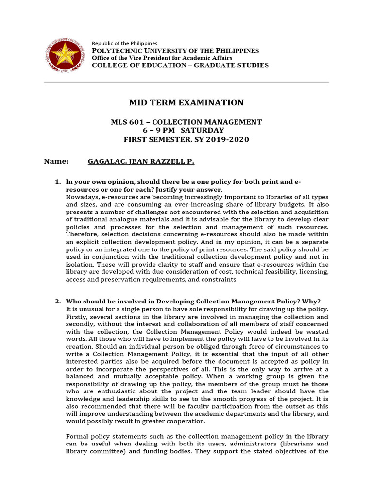 MLS 601 Midterm Examination - JRPG | PDF | Libraries | Policy