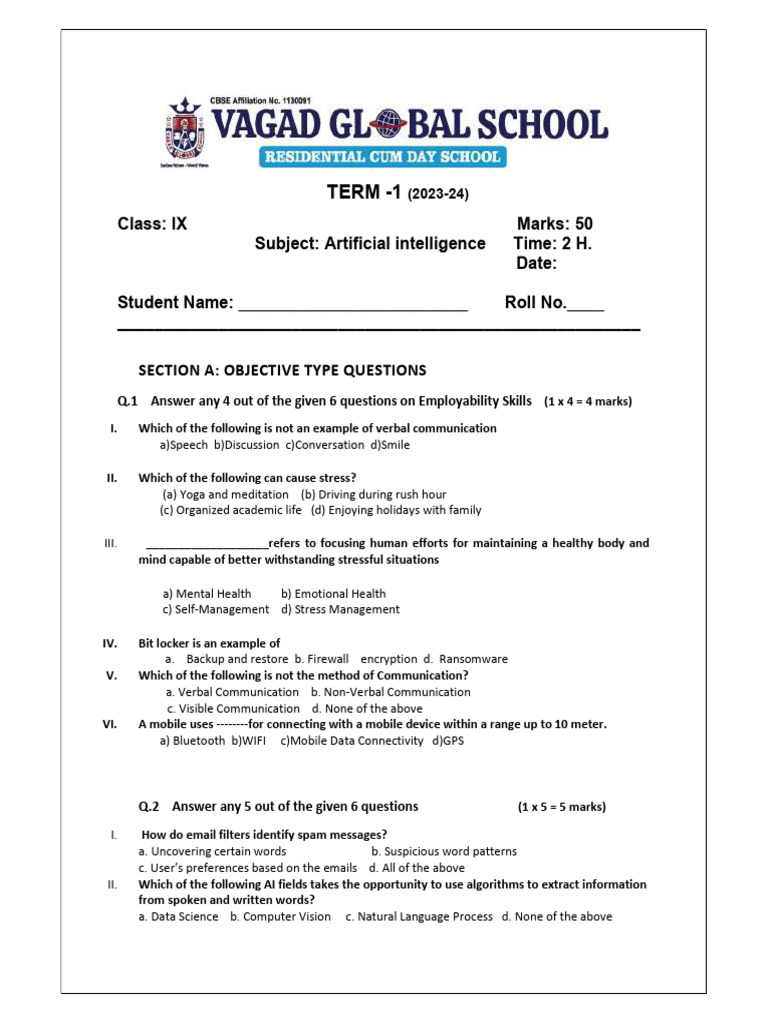 QP Class 9 Term 1 | PDF | Artificial Intelligence | Intelligence (AI ...