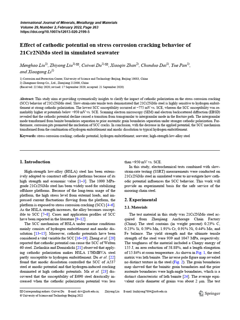Effect of Cathodic Potential On Stress Corrosion Cracking Behavior of 21Cr2Nimo Steel in ...