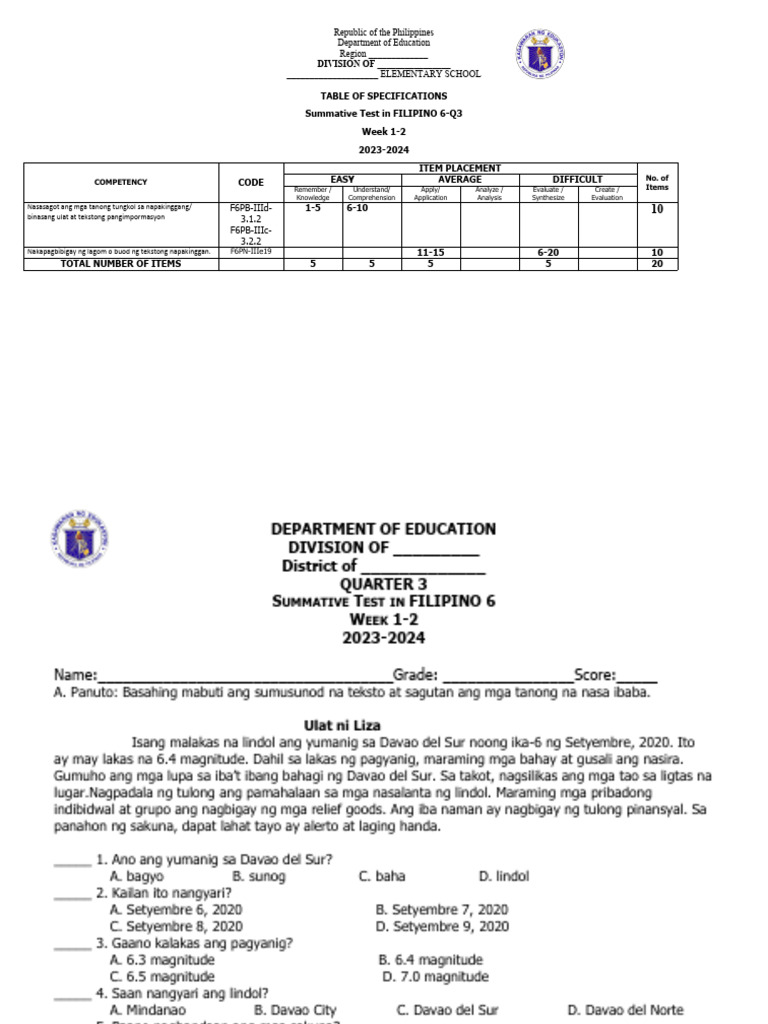 ST1 - Filipino 6 - Q3 | PDF