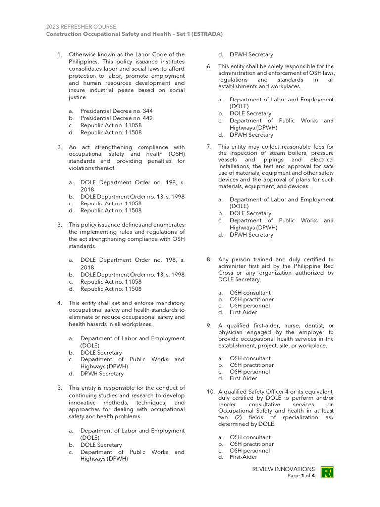 COSH Set 1 - Estrada Questionnaire NOV 2023 | PDF | Occupational Safety ...