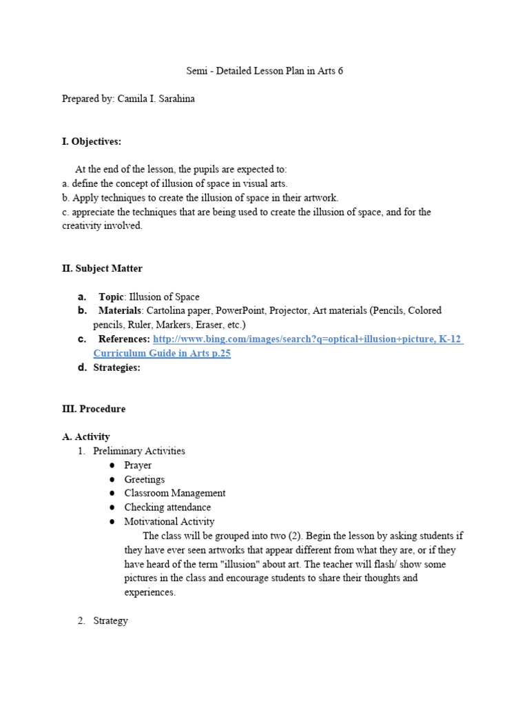 LESSON PLAN IN TARTS - illusion of space | PDF