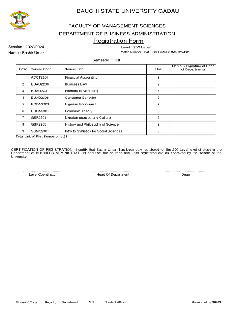 Course Form - First Semester, 2023_2024 | PDF