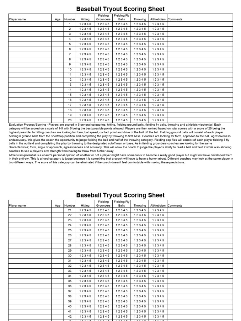 Baseball Tryout Scoring Sheet | Download Free PDF | Sports Rules And ...