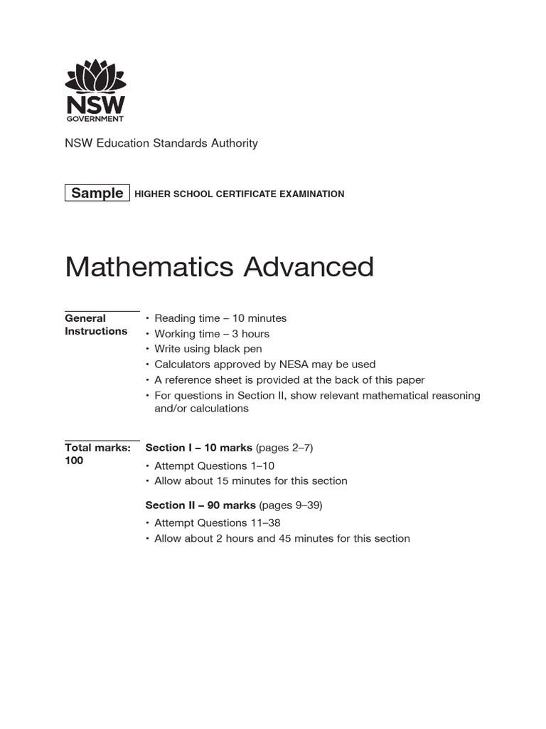 Mathematics Advanced Sample Examination Materials 2020 | PDF