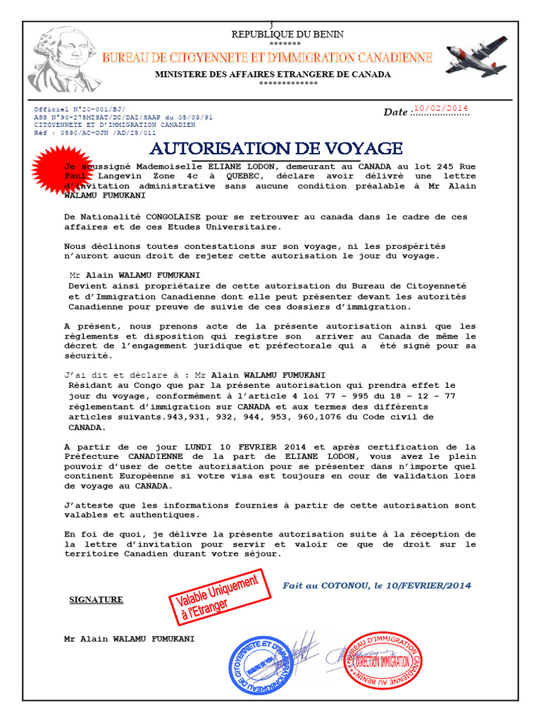 Certificat D'autorisation de Voyage | PDF