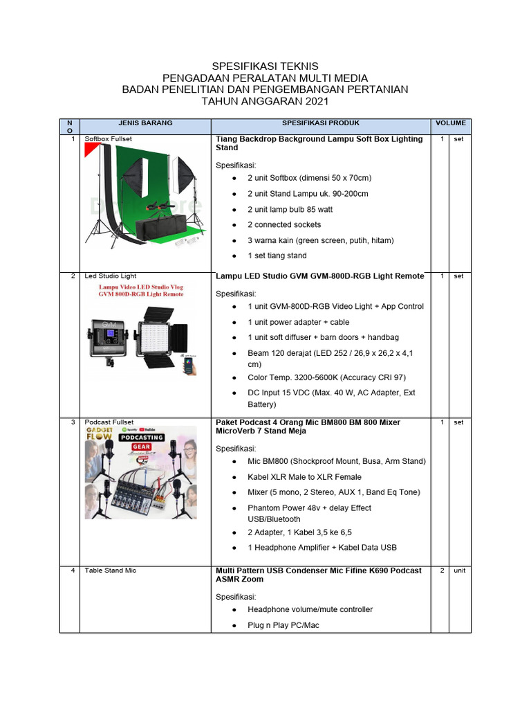 Spesifikasi Teknis Pengadaan Peralatan Multi Media Badan Penelitian Dan ...