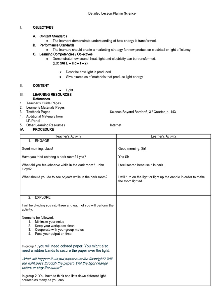 Detailed Lesson Plan in Science3 | PDF | Light | Learning