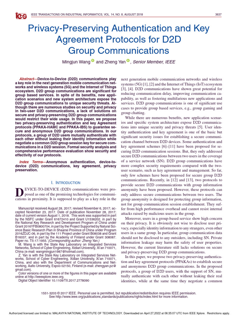Privacy-Preserving Authentication and Key Agreement Protocols For D2D Group Communications | PDF ...