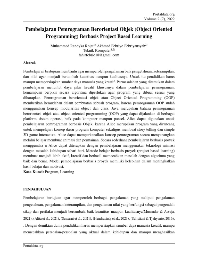 Pembelajaran Pemrograman Berorientasi Objek Object Oriented Programming Berbasis Project Based 8647
