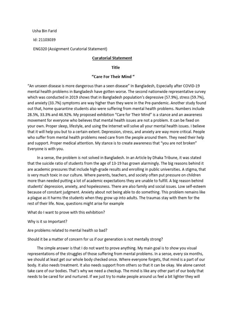 Eng320 21103039 Usha Bin Farid Curatorial Statement | PDF | Mental Health | Mental Disorder