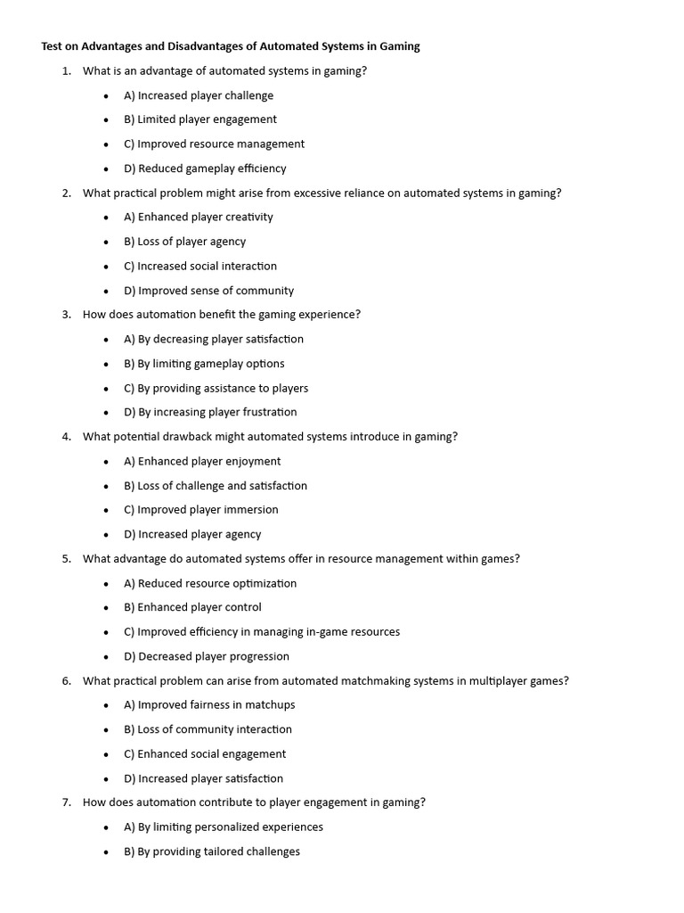 Advantages and Disadvantages - Gaming - MCQs 01 | PDF | Automation ...