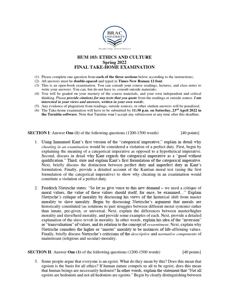 Ethics and Culture Final Exam Guidelines | PDF | Utilitarianism | Hedonism