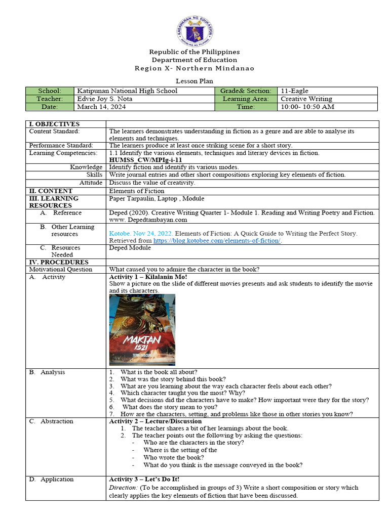 Creative Writing Lesson Plan for Fiction | PDF