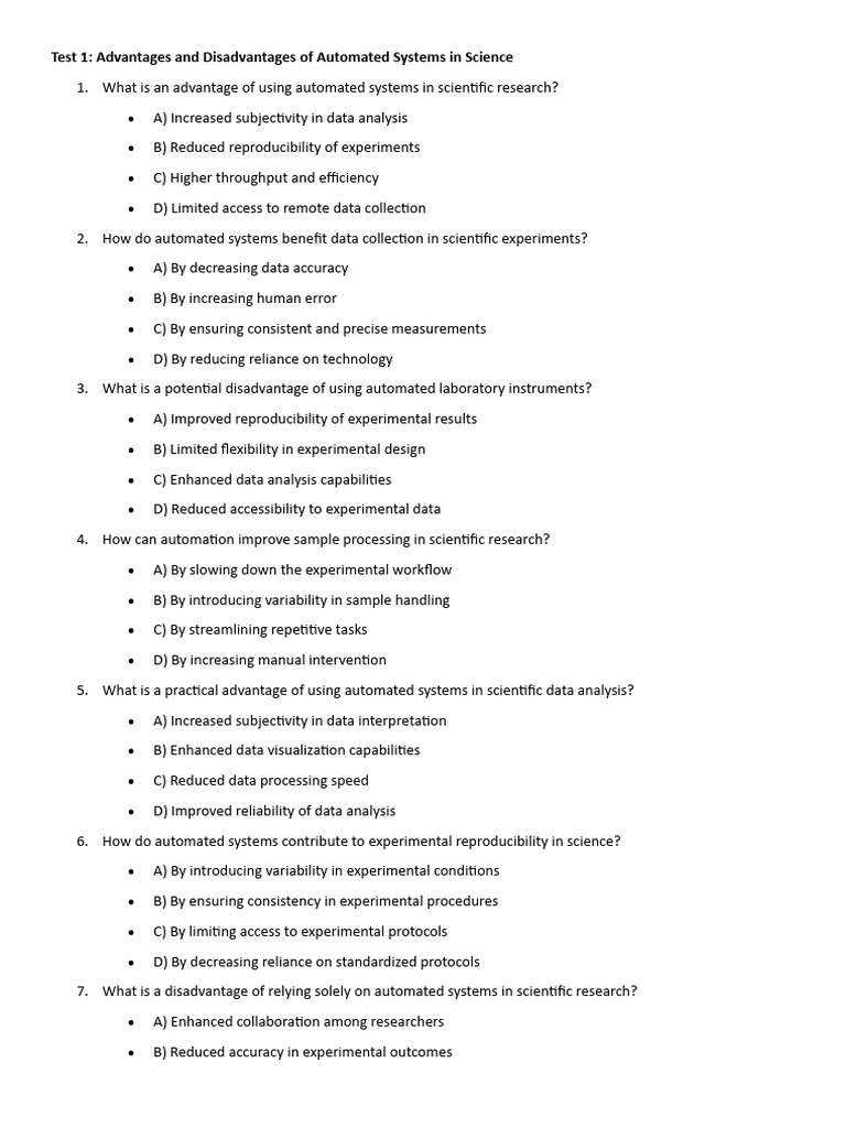 Advantages and Disadvantages - Science - MCQs 01 | PDF | Automation | Experiment