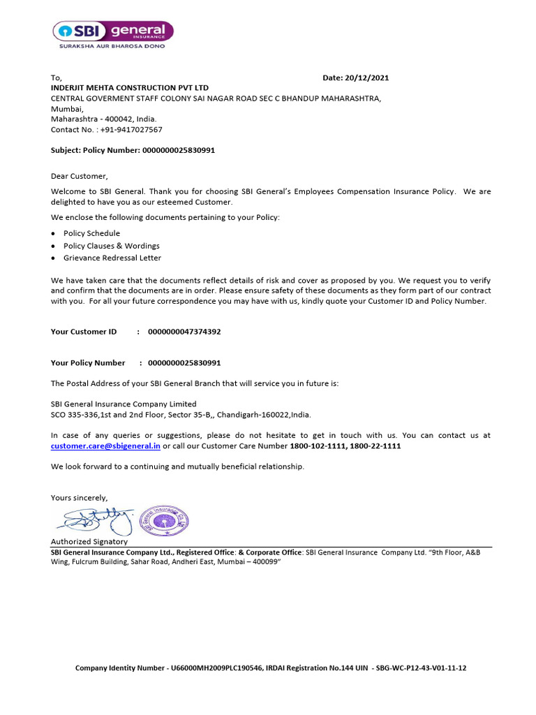 SBI General Employees Compensation Policy | PDF | Indemnity | Employment