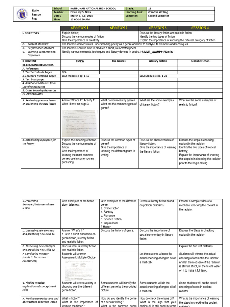 Session 1 Session 2 Session 3 Session 4: Daily Lesson Log | PDF