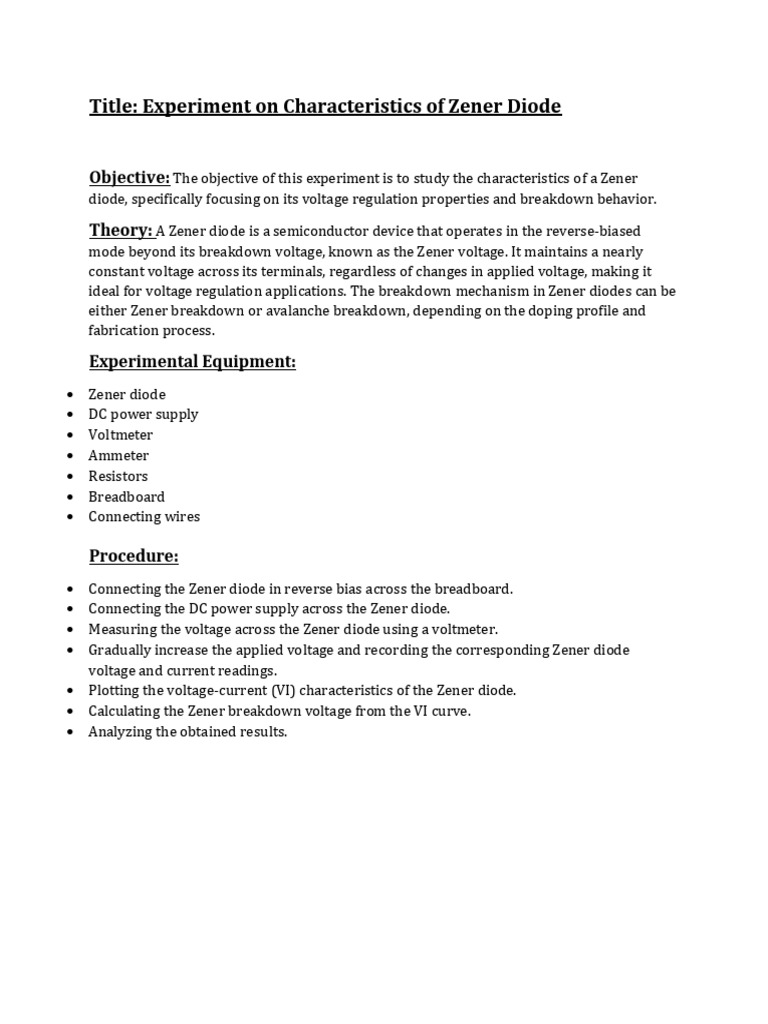 Title Experiment on Characteristics of Zener Diode | PDF | Diode | Voltage
