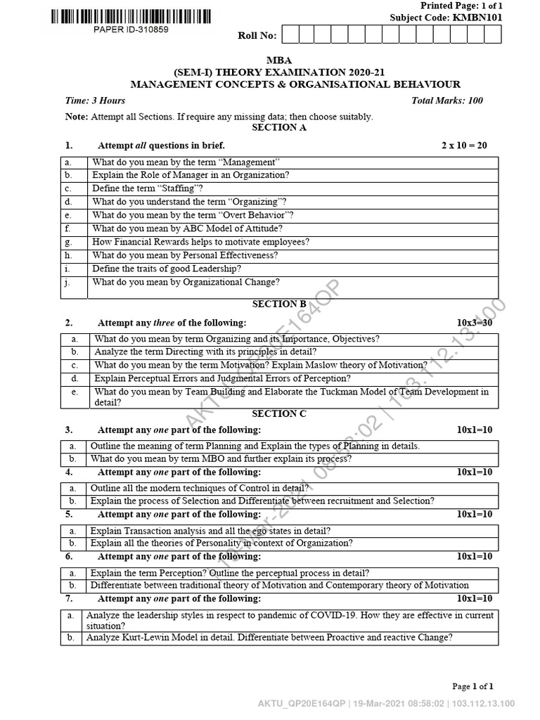 MBA Management Concepts Exam Paper | PDF