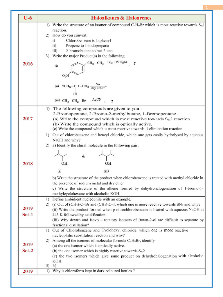 Haloalkanes & Haloarenes Previous Years Questions Class 12 | PDF