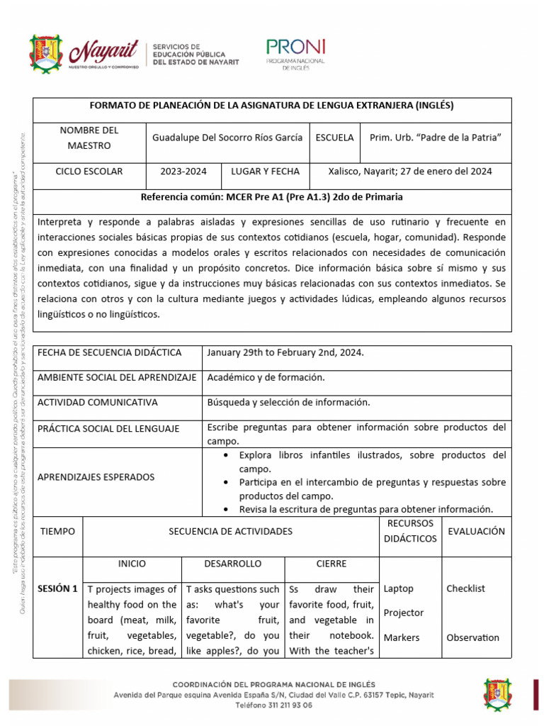 Plan de Clase de Inglés 2° Primaria | PDF | Comunicación | Comunicación ...