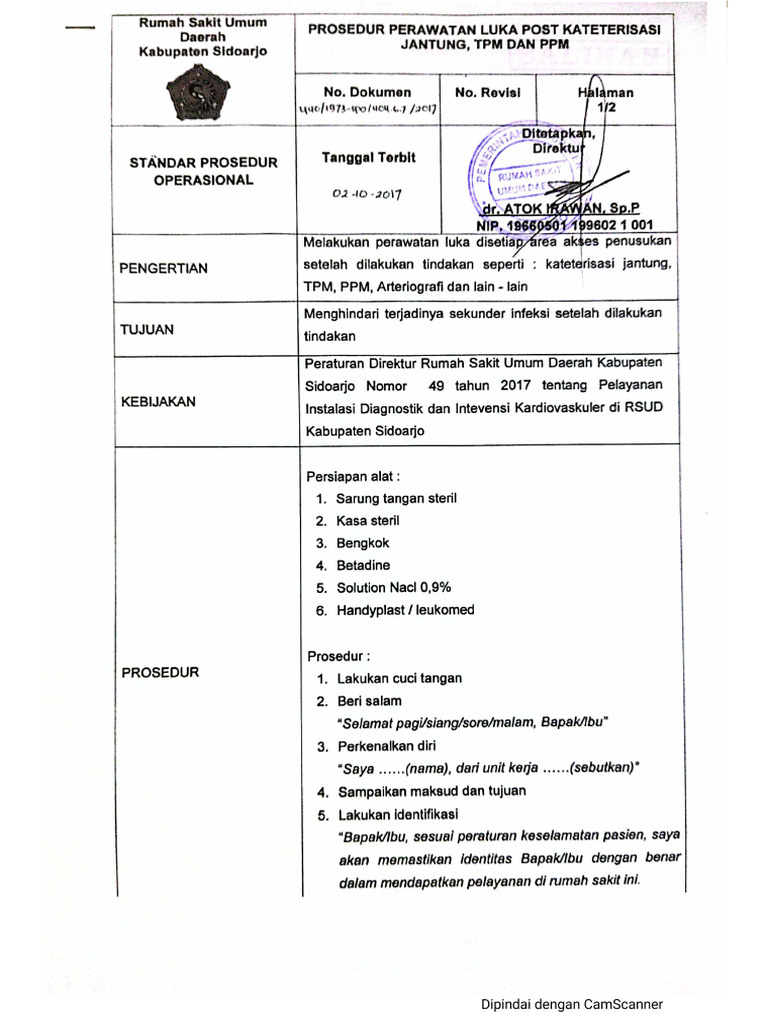 Prosedur Perawatan Luka Post Kateterisasi Jantung, TPM Dan PPM | PDF